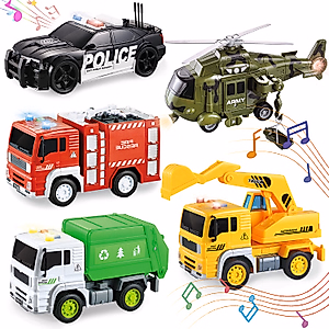5 Pack Friction Powered Truck Toy Set(8 Inch) Including Garbage Truck, Construction Truck, Fire Truck, Police Car, Helicopter, All with 4D Stunning Light and Sound, Vehicles Toys for Boy Toddler Kid