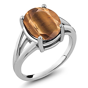 Gem Stone King 925 Sterling Silver Brown Tiger Eye Ring For Women (4.00 Cttw, Gemstone Birthstone, Oval 12X10MM, Available In Size 5,6,7,8,9)