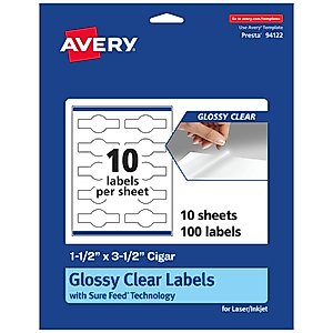 Avery Glossy Clear Cigar Labels with Sure Feed, 1.5" x 3.5", 100 Glossy Clear Labels, Print-to-The-Edge, Laser/Inkjet Printable Labels