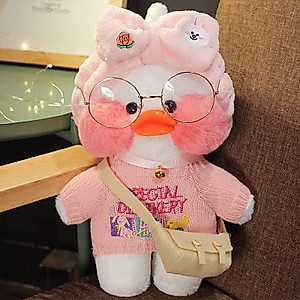 LALAFANFAN Duck Plush, Cute Duck Stuffed Animal for Teen Girls, Kawaii Duck with Glasses and Clothes, Cute Stuffed Animal, Birthday Gifts Ideas (White Pink)