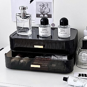 CESTATIVO Makeup Organizer with Stackable Drawer, Skincare Cosmetics Organizer, Bathroom Vanity Organizer and Storage, Large Capacity Organizer for Dresser Countertop, Clear Black