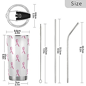 20oz Tumbler Bottle with Lid and Straw Pink Ribbon Pattern National Breast Insulated Coffee Ice Cup Vacuum Stainless Steel Shaker Bottle Travel Mug Water Cup Gifts