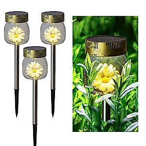 3-Pack Glass Daisy Flower in a Jar Stake Lights - Solar LED Waterproof Outdoor Garden Decor - Decorative Electronic Light Fixture Jars for Yard, Lawn, Patio, Deck, Pathway, Pond, Backyard