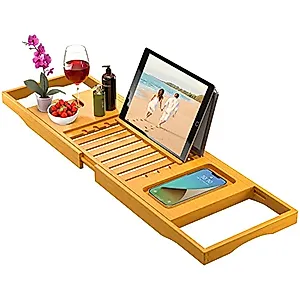 Bambüsi Premium Bathtub Tray Caddy - Bamboo Expandable Bath Tray - Unique House Warming Gifts, New Home, Anniversary & Wedding Gifts for Couple, Bridal Shower Gift for Women