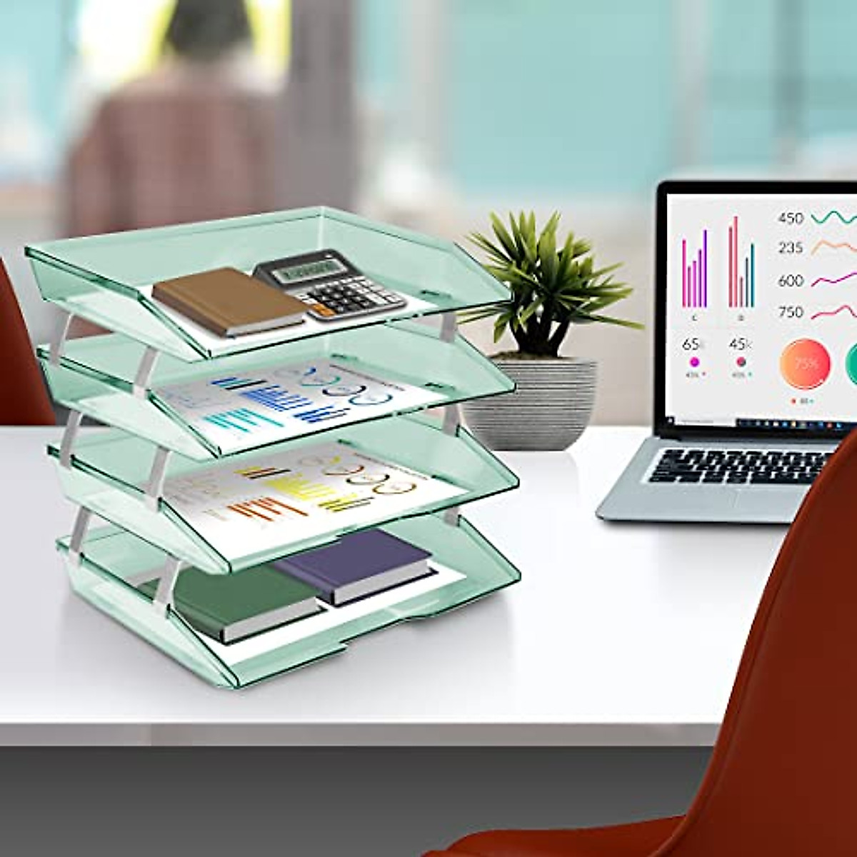Acrimet Facility 4 Tier Letter Tray Side Load Plastic Desktop File Organizer (Clear Green Color)