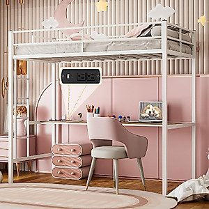 IKIFLY Metal Twin Size Loft Bed with Desk & Charging Station, Heavy Duty Loft Bed Frame with Safety Guard Rail and Ladder, Space-Saving Design, Noise Free, No Box Spring Needed - White