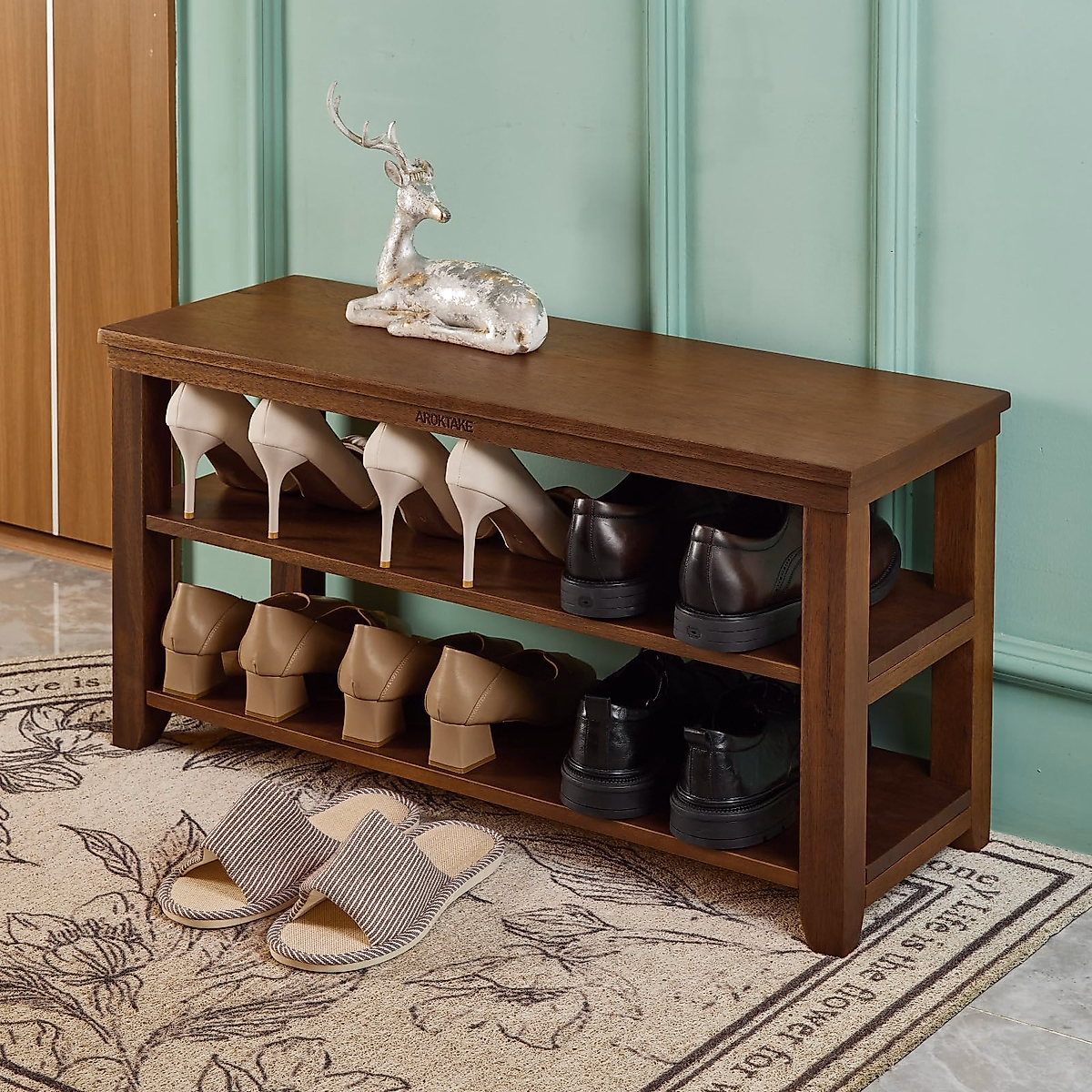 Aroktake Shoe Rack Bench, 2-Tier Wood Heavy Duty Shoe Organizer Shelf for Entryway, Living Room,Bedroom (Brown, 11.81"X31.5"X16.54")