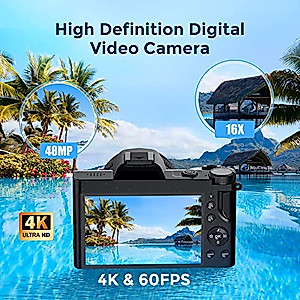 4K Digital Camera FHD 48MP Video Camera 16X Digital Zoom WiFi Vlogging Camera with Flash Light 3.7" Screen Compact Camera for Social Media 32GB SD Card 2 Batteries Wide Angle Lens Macro Lens