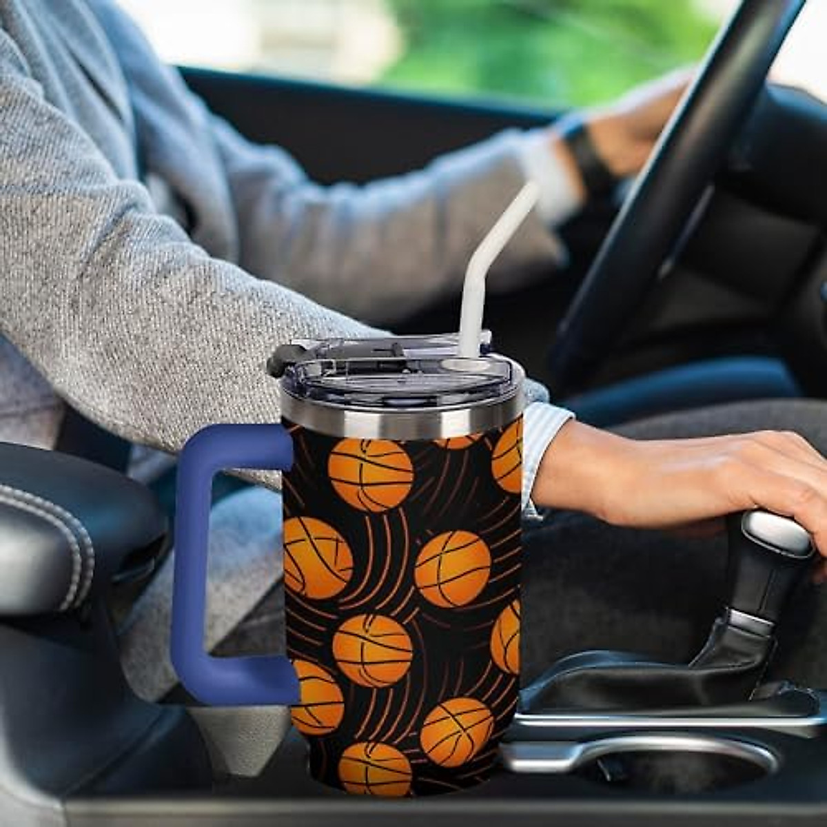 Sports Basketball Pattern 40 Oz Car Cup Stainless Steel Travel Mug Leak-Proof Insulated Tumbler with Handle Deep Blue-style