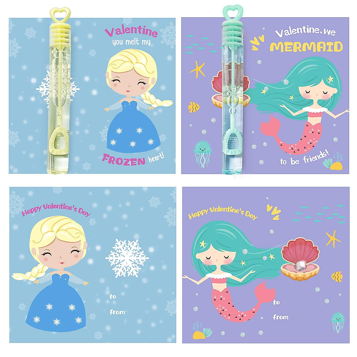 Valentines Day Gifts for Kids - Valentines Day Cards for Kids - Mermaid Princess Valentine Card Bubble Wands 24 Pack - Valentine's Day Bubbles Party Favors Toys for Girls School Classroom Exchange