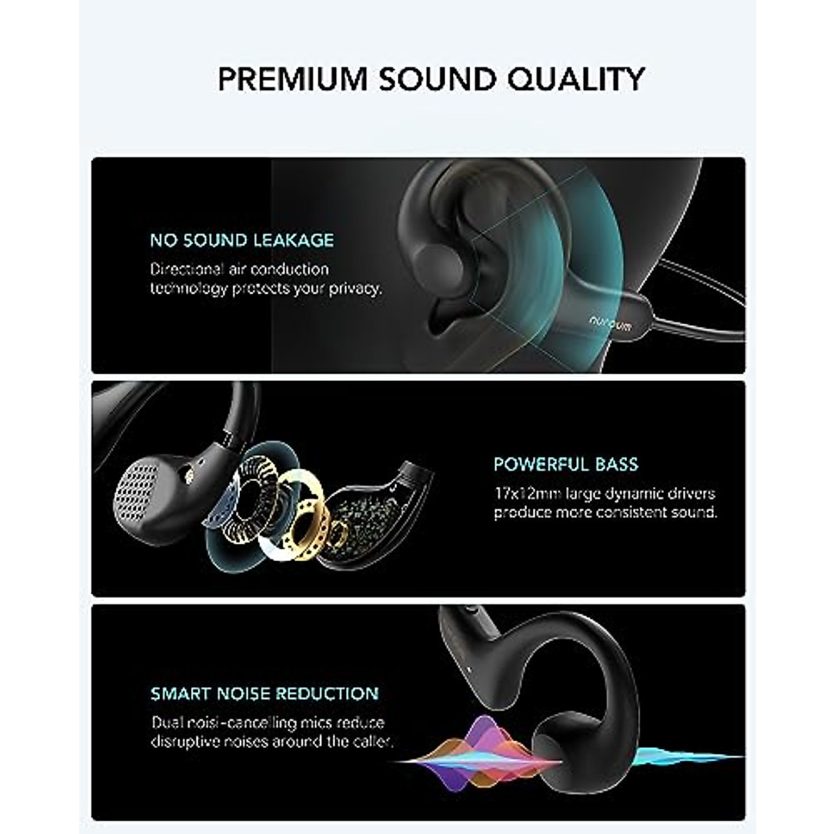 NUROUM OW10 Open Ear Air Conduction Headphone, 5.3 Bluetooth Earphone with 2 AI Noise Suppression MEMS Mics, IPX6 Waterproof ,10H Playtime,Sports Headphone for Hiking Running Cycling