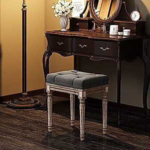 Yusong Vanity Stool Upholstered Bench Seat for Makeup Room, Vintage Small Bedroom Dining Bench with Tufted Fabric for Living Room, Piano Stool with Rustic Wood