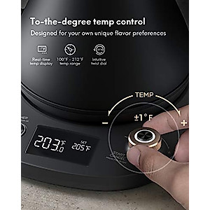 Gooseneck Kettle Temperature Control, Pour Over Electric Kettle for Coffee and Tea, 100% Stainless Steel Inner, 1200W Rapid Heating, 0.8L, Built-in Stopwatch, Matte Black