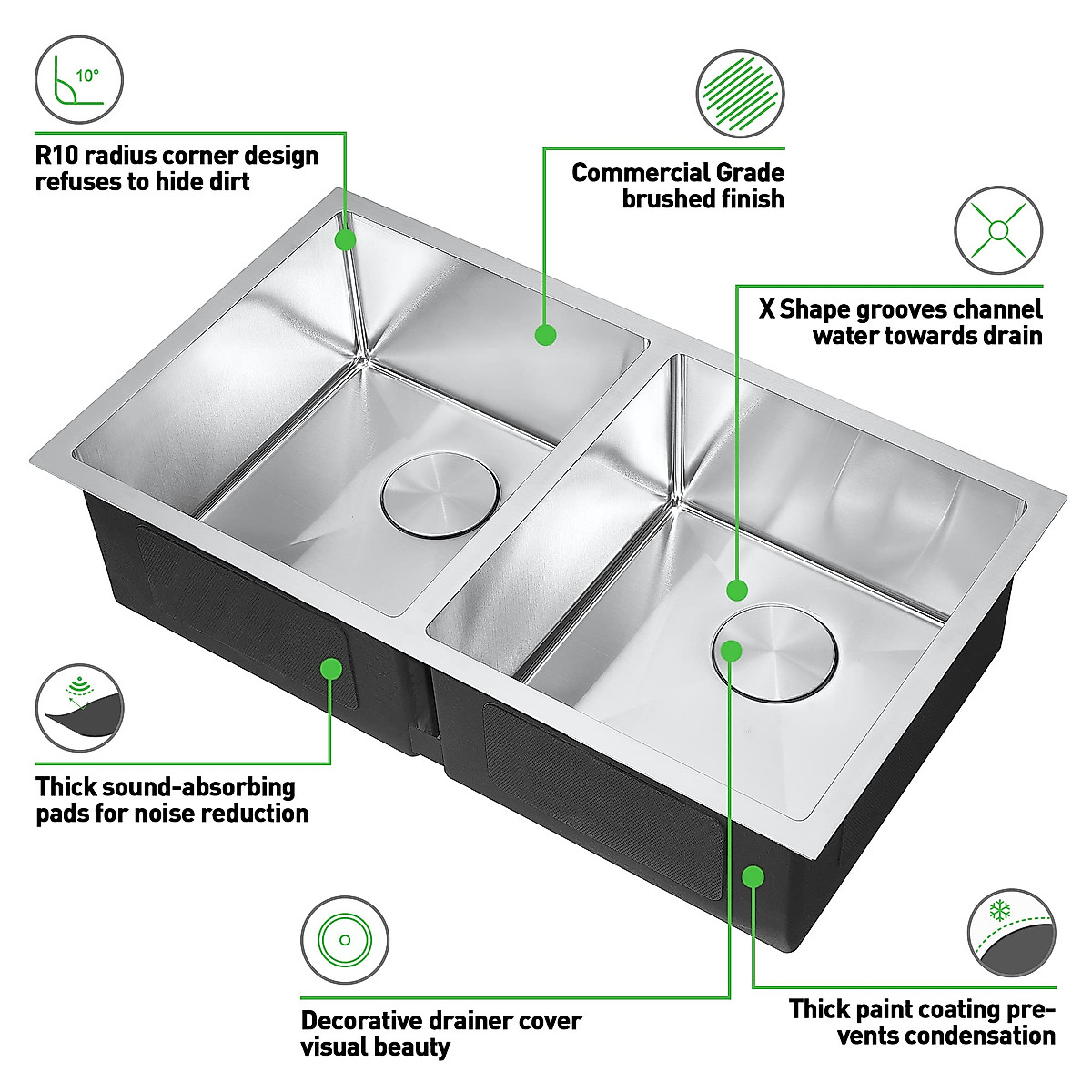 CITYLE 32 Inch Undermount Kitchen Sink, Stainless Steel Sink Handmade 50/50 Double Basin with Bottom Grid and Basket Strainer Drain for Bar Prep Kitchen(32'' x 18'' x 9'')