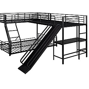 Polibi L-Shaped Metal Corner Bunk Bed with Slide and Two Ladders, Twin Over Full Bunk Bed with Twin Loft Bed and Built-in Desk, Black