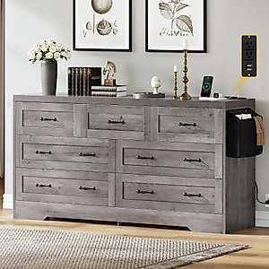 DWVO Grey 7 Drawer Dresser, 59" W Large Vintage Double Dresser Chest of Drawers with Charging Station and Side Organizer Bag, Wood Storage Dresser with Retro Metal Handle for 300lbs for Hallway