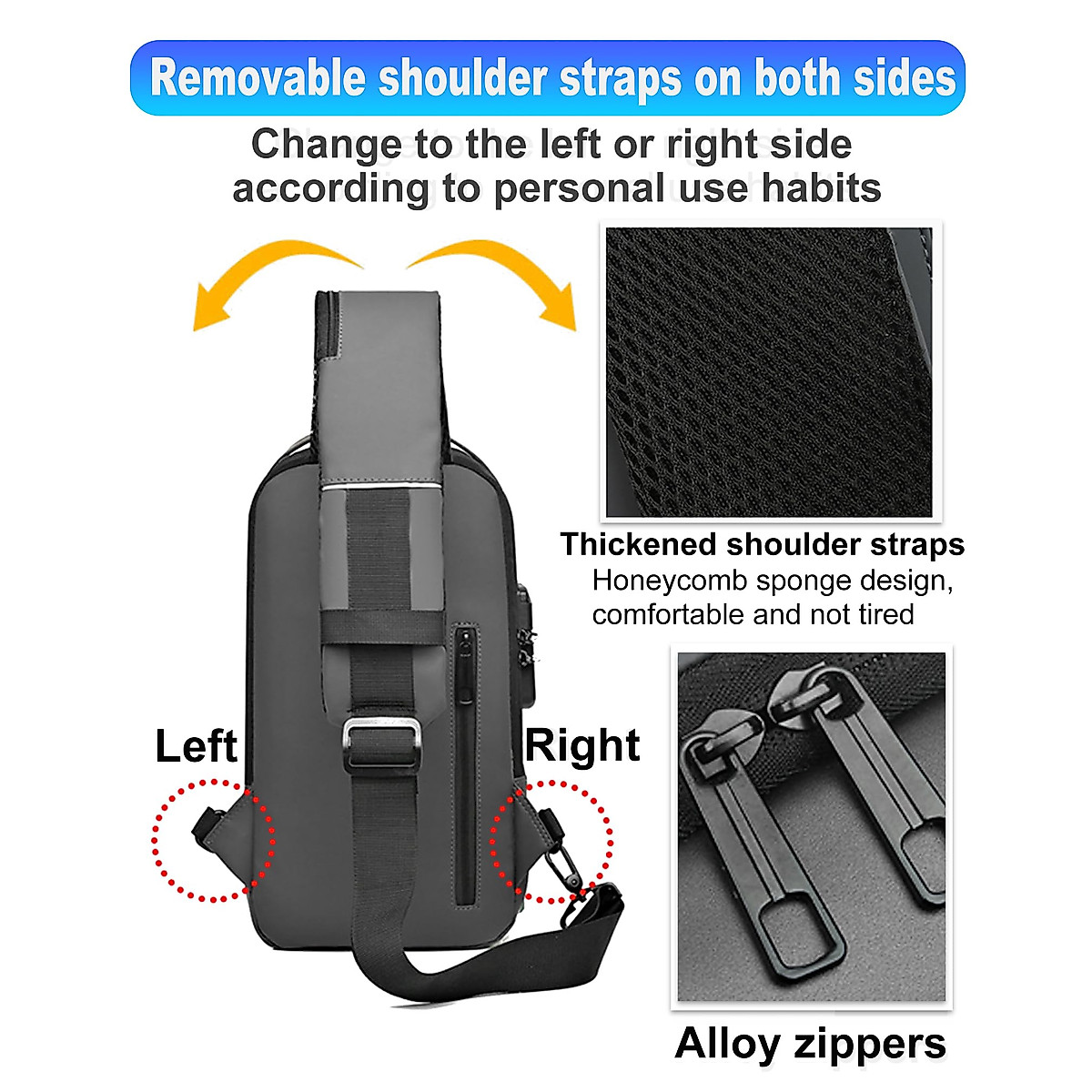 Geanbun Sling Bag Anti-Theft USB Crossbody Backpack Waterproof Chest Daypack Lightweight Shoulder Bag (Black)