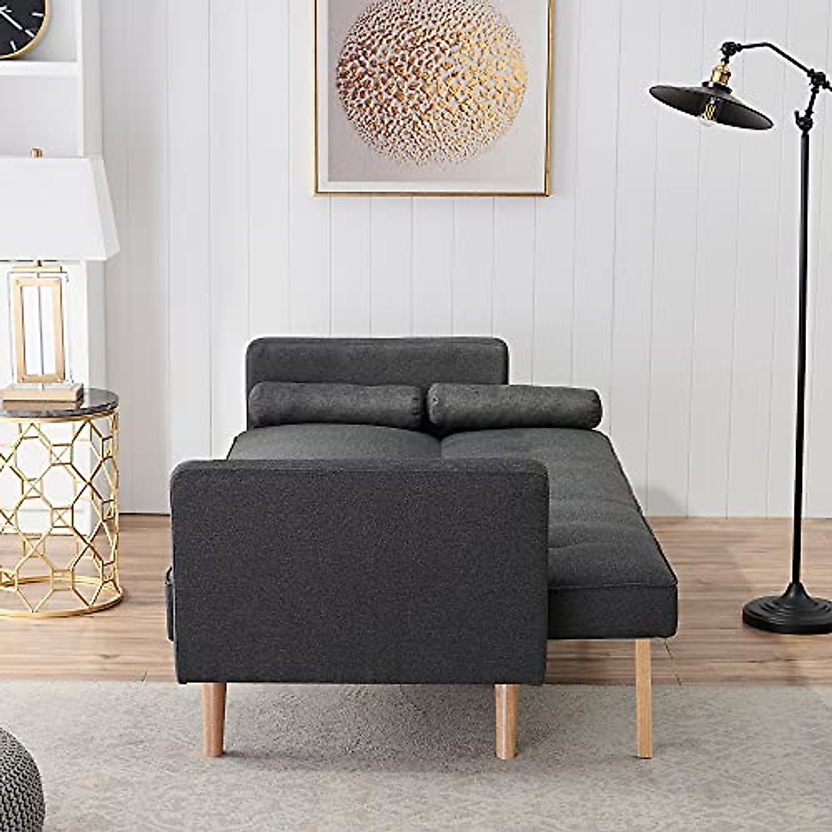 ERYE Dark Gray 3-in-1 Upholstered Futon Loveseat Convertible Sleeper Bed,2-Seaters Sofa & Couch Soft Cushions Love Seat Daybed for Small Space Living Room Napping Linen w/2 Pillows, Twin