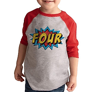 7 ate 9 Apparel Boy's Birthday Four 4 Fourth 4th Superhero Red Raglan 4T