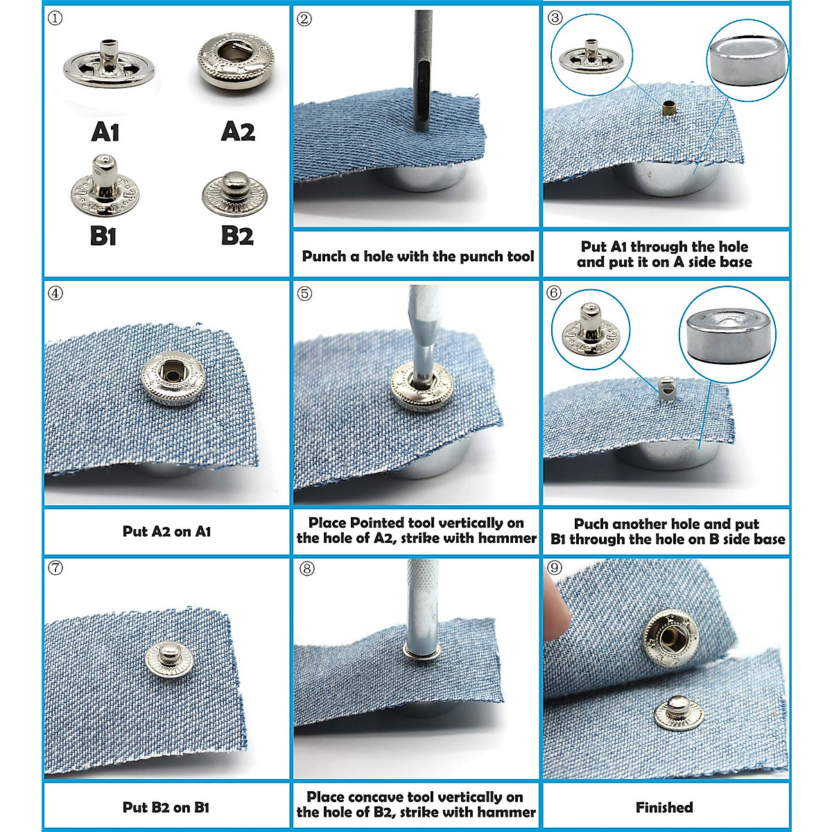 12 Sets Heavy Duty Leather Snap Fasteners Kit, 15mm Metal Snap Buttons Kit Press Studs with 4 Install Tools, Leather Rivets and Snaps for Clothing, Leather, Jeans, Jackets, Bracelets, Bags (Gold)