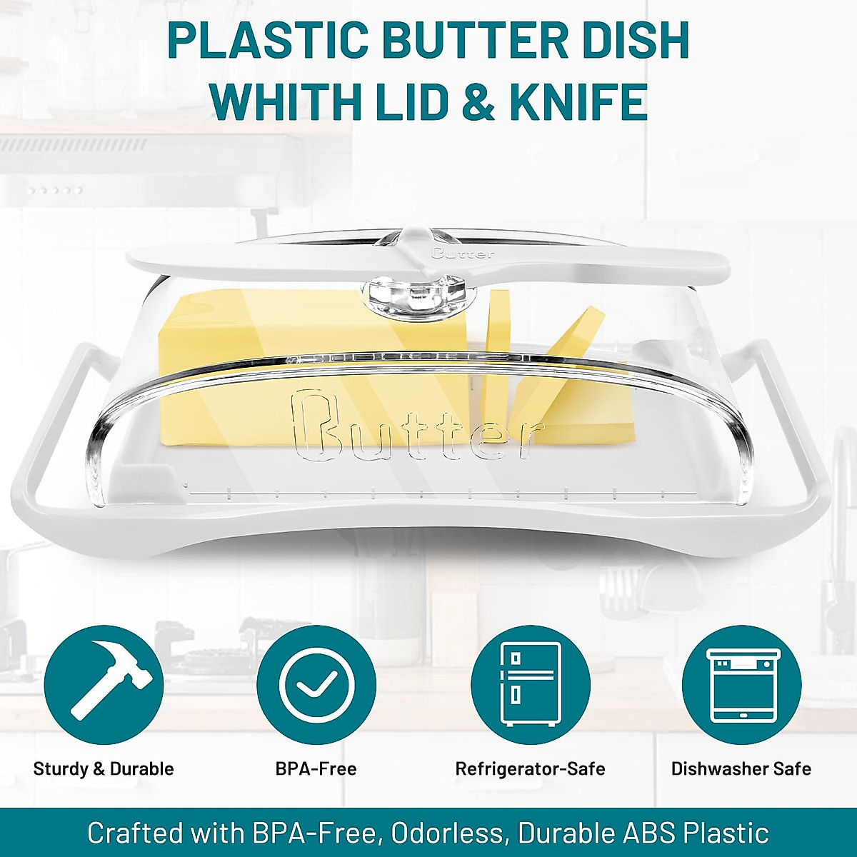Cnsndqedke Butter Dish with Lid and Knife, Plastic Butter Keeper/Container for Countertop, Easy Scoop, No Mess Lid, BPA-Free, Dishwasher & Refrigerator Safe, Ideal for Home and Camping - White
