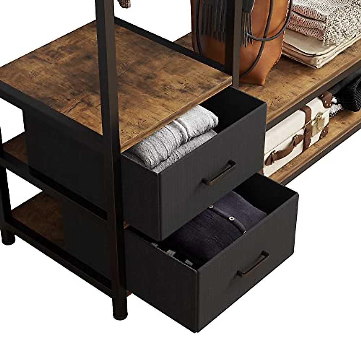 BNSPLY Heavy Duty Clothes Rack with 6 Tier Shelves, Free Standing Garment Rack Clothing Rack with Hanging Rod and 2 Drawers for Hanging Clothes, Industrial Metal Wardrobe Closet Organizer for Bedroom