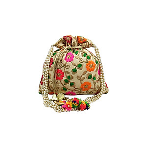 GoldGiftIdeas Ethnic Kuchhi Flower Embellished Potli Bags with Pearl Handle, Potli Bags for Return Gift, Bridal Potli Bags for Wedding,Shagun Potlies, Traditional Party Favor Bags (Set of 3)