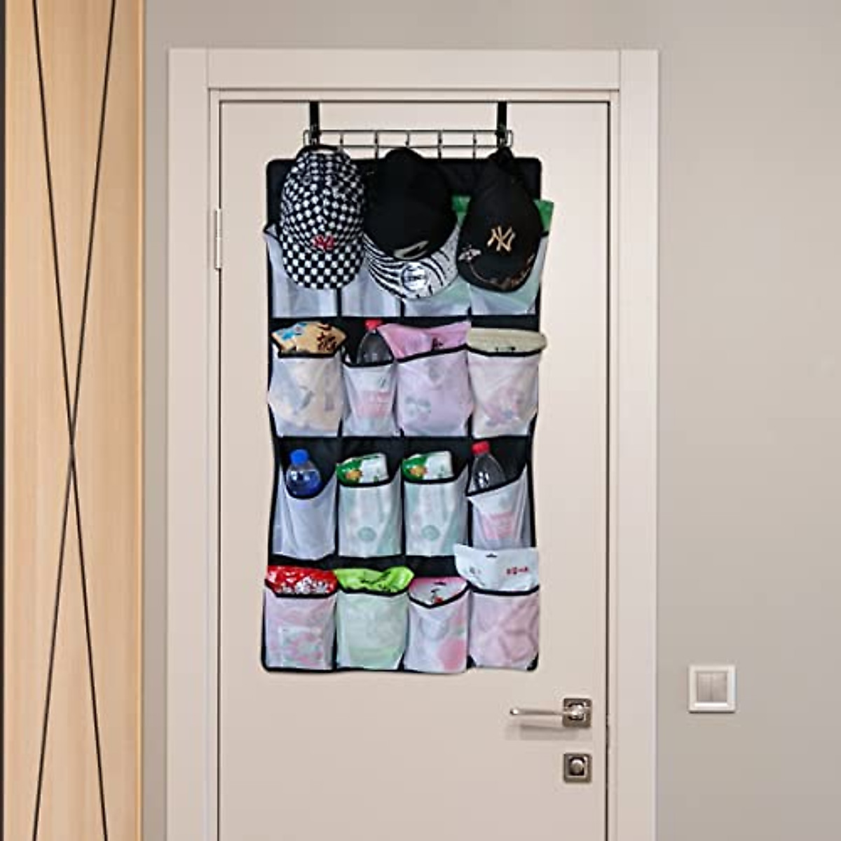 meluke Over The Door Hooks Organizer with 16 Large Pockets and 7 Coat Hooks, Over The Door Hook Door Hanger
