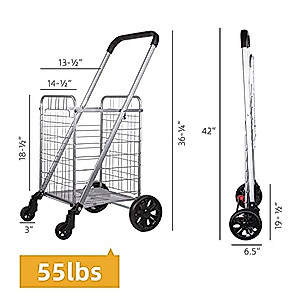 OmniRolls Grocery Shopping Cart with Swivel Wheels, Folding Shopping Cart with Wide Cushion Handle, Mesh Bottom and Brake System, Silve,