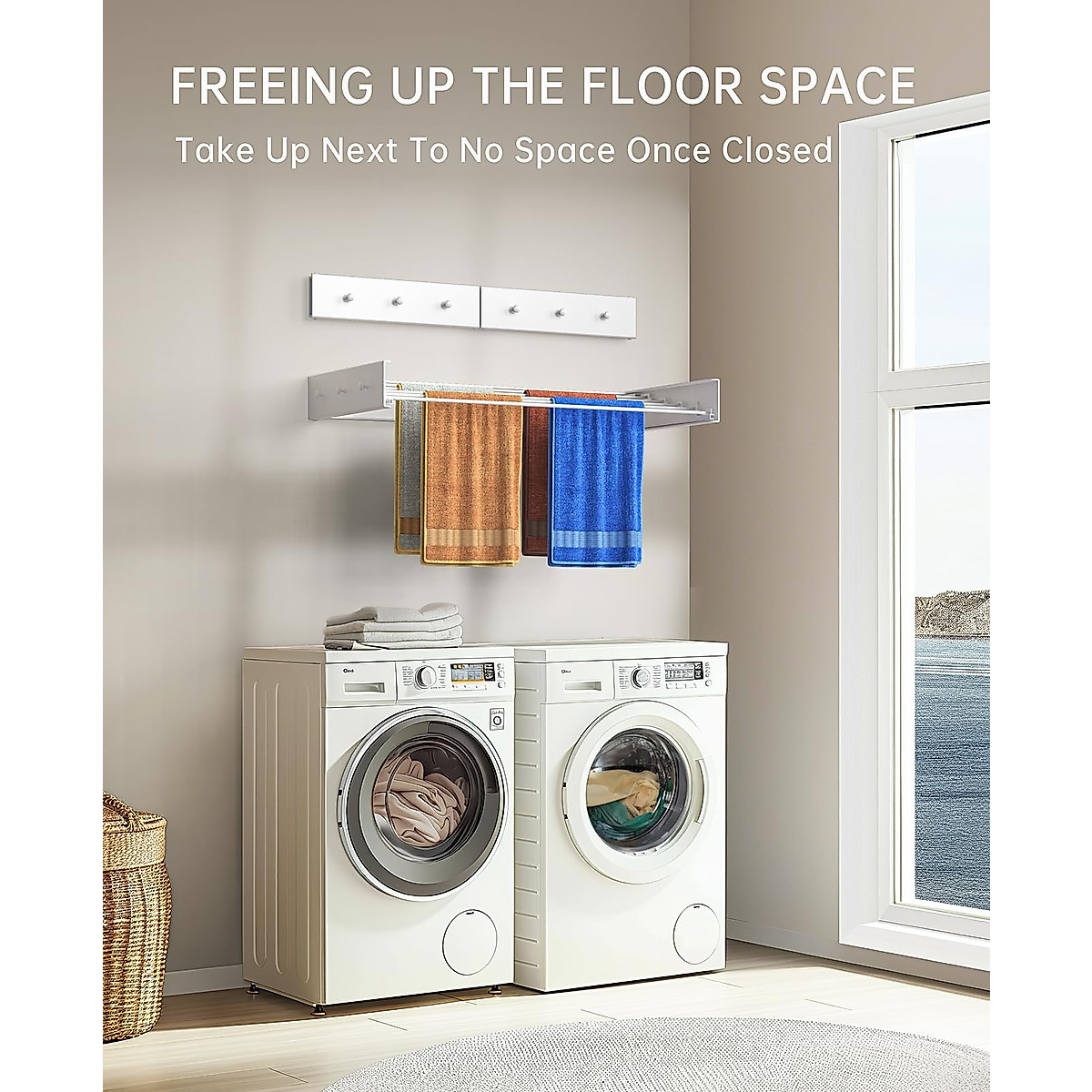 Upgrade Laundry Drying Rack Collapsible, Wall Mounted Drying Rack, Clothes Drying Rack, Retractable Drying Rack, 31.5" Wide, 13.2 Linear Ft, 5 Aluminum Rods (31.5'' Wide with 6 Hooks)