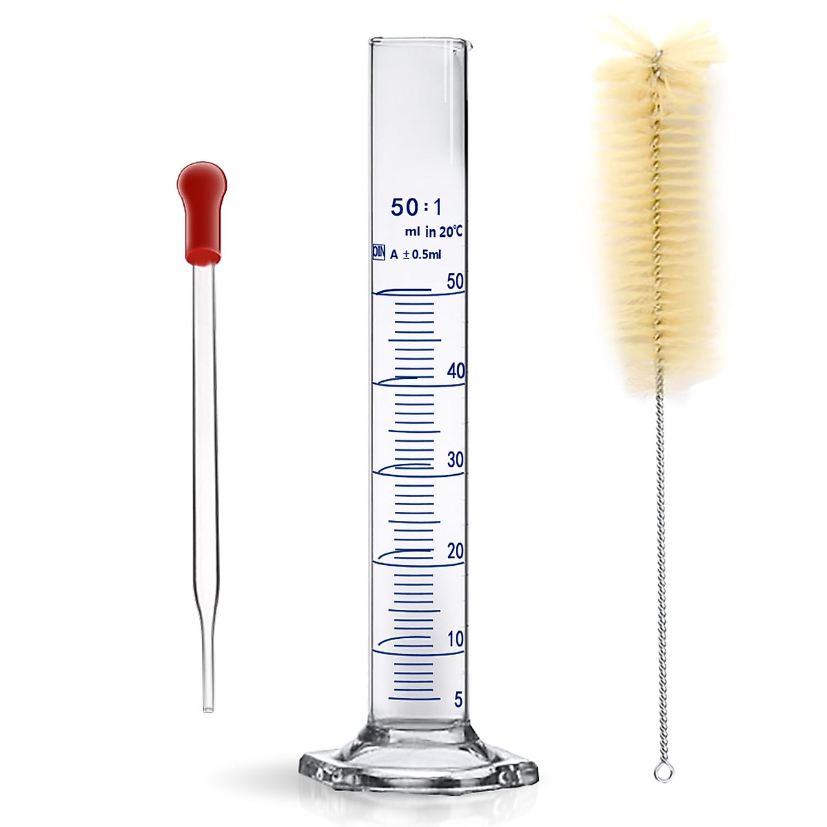 Thick Glass Graduated Cylinder Measuring Liquid Lab Hexagon Base Cylinders Come with Cylinder Brush (Glass, 50ML)