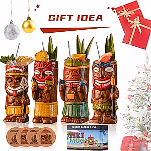 SUN GKOTTA Cocktail Tiki Mugs Set Of 4 - Exotic Mug With 4 Coasters And 4 Straws，Cute Ceramic Hawaiian Style Cocktail Glasses For Party And Tropical Tiki Bar，Mai Tai Cocktail Drinkware (Glossy)
