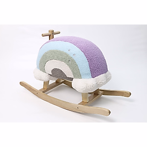 Hopscotch Squad Rainbow Rocker Fully Assembled Natural Wood Rocking Horse with Soft Fleece Multi-Color Puffy Plush Clouds