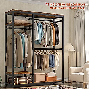 Raybee Free Standing Closet Organizer Heavy Duty Metal Wooden Clothing Rack with Shelves Capacity 400LBS 71"H Freestanding Clothes Rack Garment Rack for Hanging Clothes