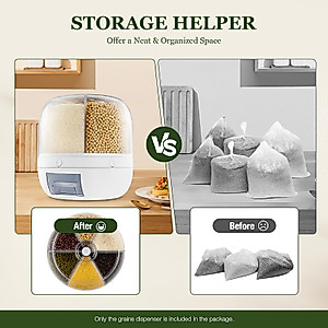 InnaMall Grains Storage Dispenser, 6 Grids Beans Container Storage with Sealed lid 13LBS Grain Container Distribution Bucket 360° Rotating Round Food Dispenser One-Click Output Rice Storage