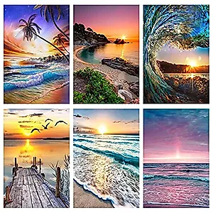 6 Pack Diamond Painting Kits, 5D Diamond Art Kits for Adults Full Drill Diamond Paintings Kit Crafts for Adults Kids Beginners, DIY Beach Diamond Painting Packs Gem Art Home Wall Decor 11.8x15.7inch