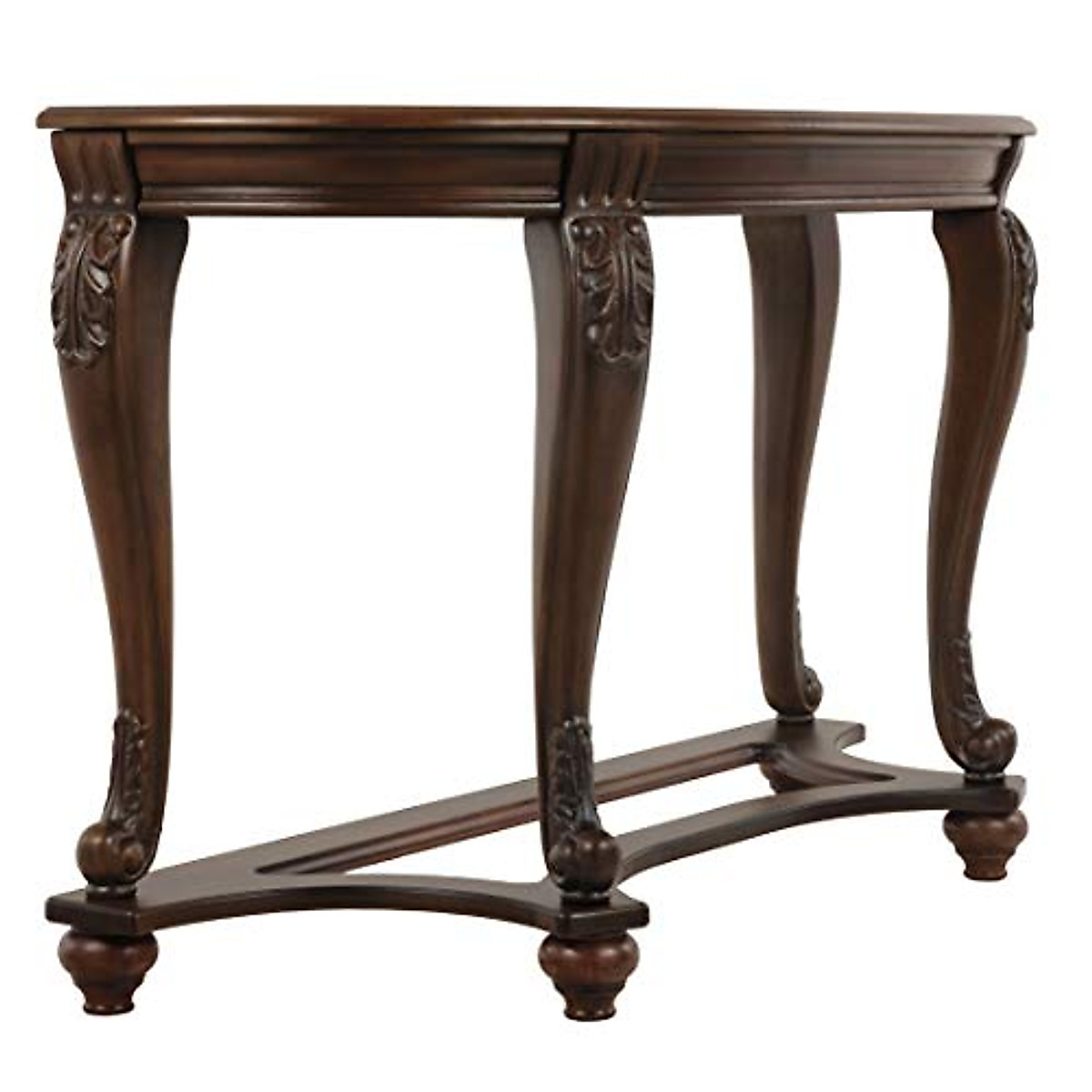 Signature Design by Ashley Norcastle Traditional Half Moon Sofa Table with Beveled Glass Top and Scrollwork Legs, Dark Brown
