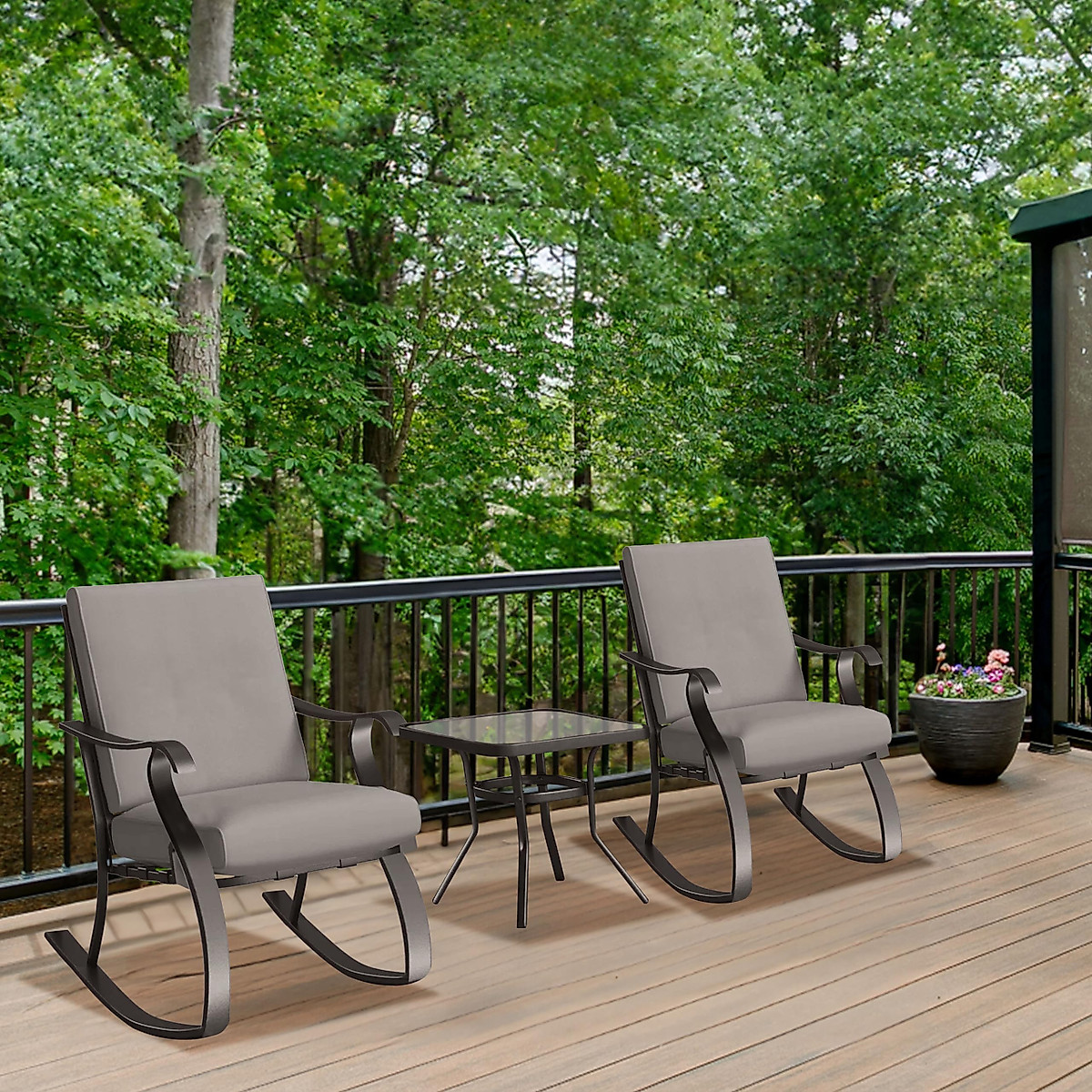 Four Seasons Courtyard Gramercy 3 Piece Cushioned Rocking Chairs Outdoor Backyard Patio Furniture Bistro Set with Square Side Table, Charcoal Gray