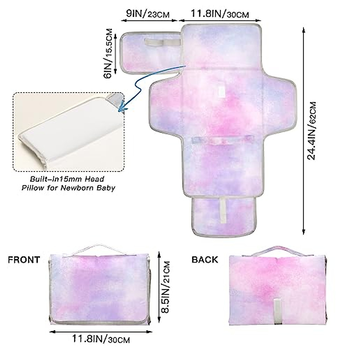 Colorful Tie Dye Portable Baby Changing Pad Travel Diaper Changing Pad Foldable Waterproof Changing Station with Built-in Pillow for Baby Newborn Essentials