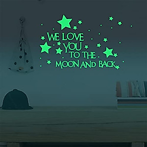 Nursery Wall Decals Glowing Words Stickers - WE Love You to The Moon and Back - Words Glow in The Dark with Stars Around Wallpaper for Kids Bedroom Ceiling