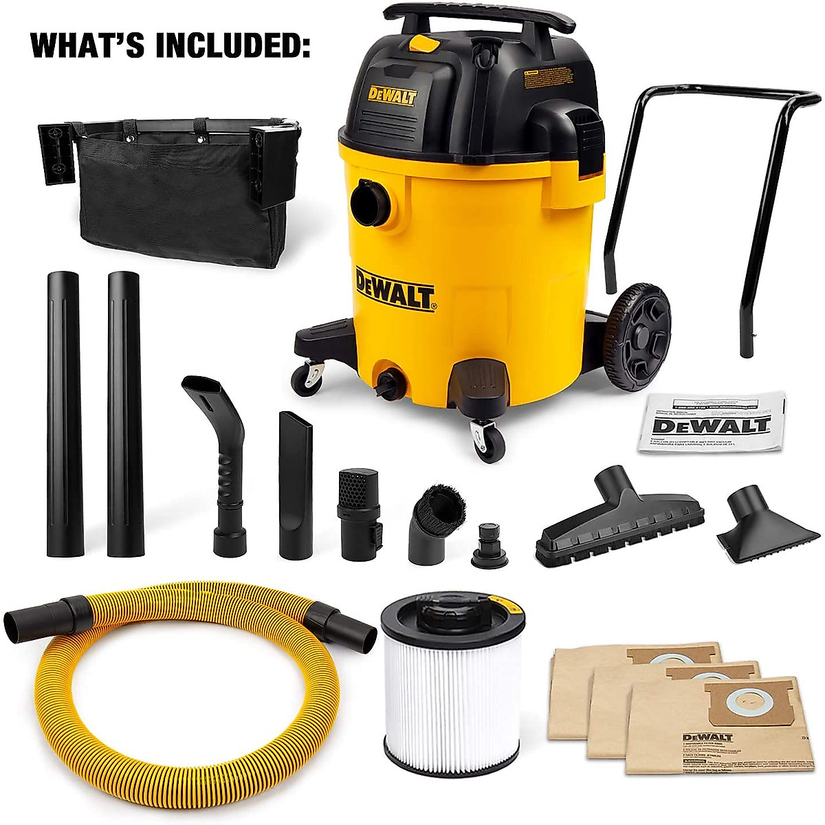 DEWALT 16 Gallon Poly Wet Dry Vacuum, 6.5 Peak HP 12 Amps Heavy Duty Vacuums, Cart Style Wet/Dry/Blower 3 in 1 Multifunction Shop Vacuum, Built-in Drain, DXV16PA