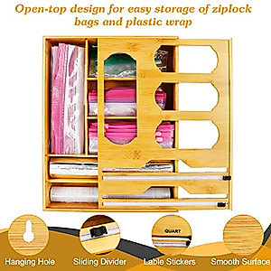 FuBegi Ziplock Bag Storage Organizer and Plastic Wrap Stretch Film Dispenser with Cutter, 6 In 1 Bamboo Ziplock Bag Organizer for Gallon, Quart, Sandwich, Snack Kitchen Drawer Organizer