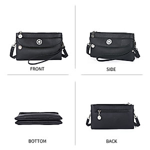 Angel Kiss Women's leather Wristlet Clutch Wallet Double Corner Zip Small Crossbody Bag with Removable Wrist Strap and Adjustable Strap(Black)