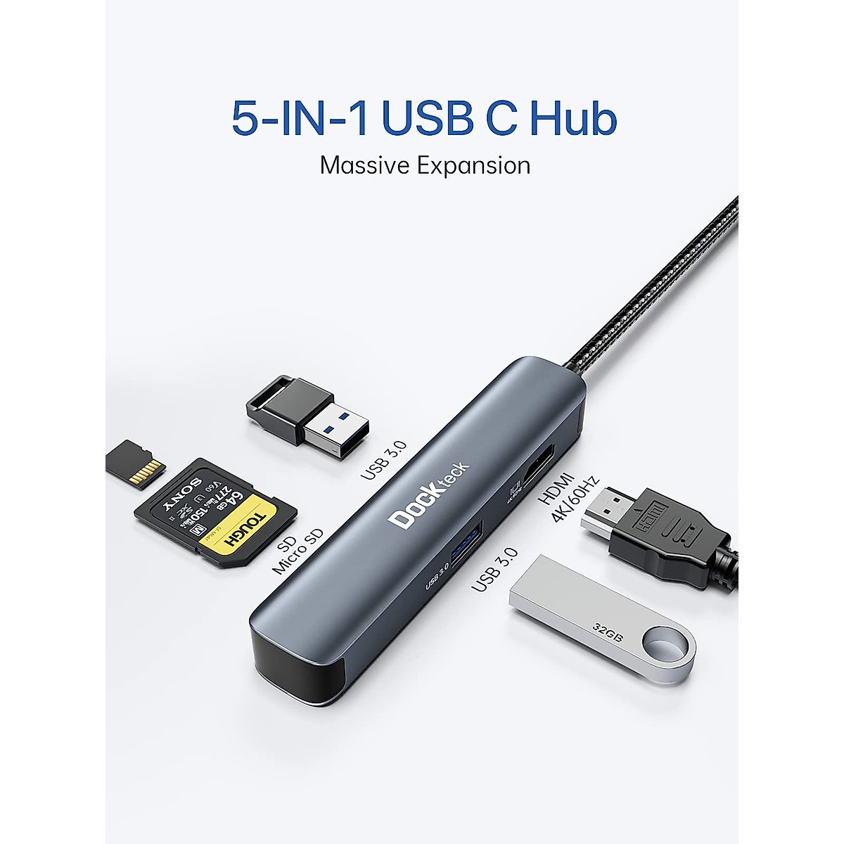 USB C Hub 4K 60Hz, USB C Adapter, Dockteck 5-in-1 USB-C Hub Multiport Adapter, SD/Micro SD Card Reader, 2 USB 3.0, for MacBook Air/Pro, iPad Air/Pro, XPS