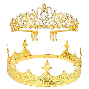 VELSCRUN 2 Pcs Crown for Men Women, Crowns for Men Metal, Gold King Queen Crown Tiaras for Women, Prince Crown Princess Tiaras for Girls, Birthday Prom Wedding Halloween Party Hair Accessories