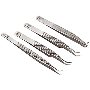 M LASH Tweezers for Eyelash Extensions (Set of 4) - Professional Lash Extension Tweezers - Fiber Tip, Japanese Steel, Diamond Grip Eyelash Extension Tweezer (Silver)