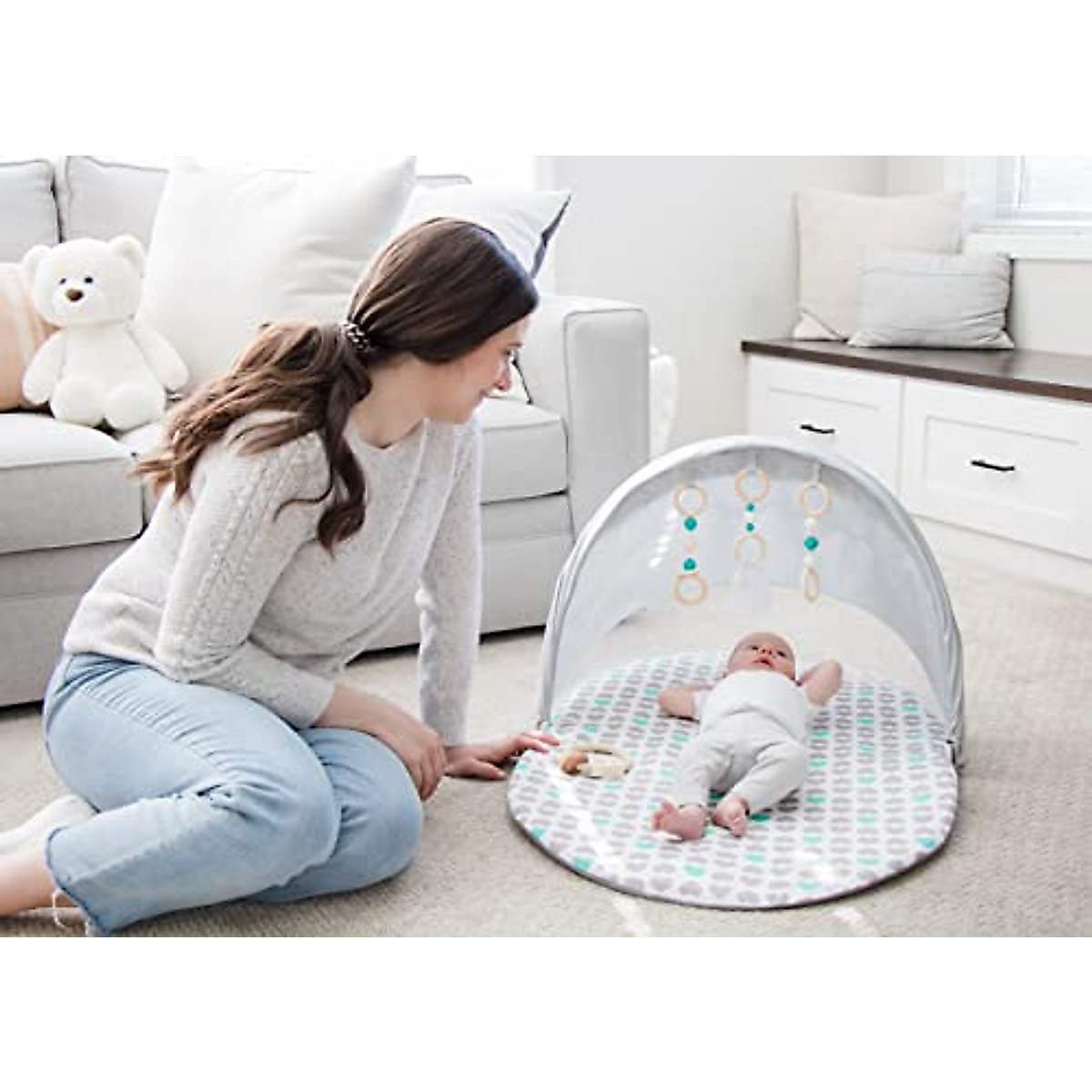Regalo Baby Basics™ Foldable Infant Play Mat, Includes Hanging Toys, Designer Pad, Bug Net, and UPF 50 Sunshade