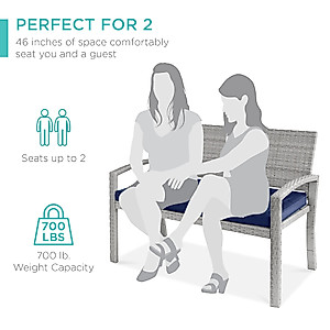 Best Choice Products Outdoor Bench 2-Person Wicker Garden Patio Benches Seating Furniture for Backyard, Porch w/Seat Cushion, 700lb Capacity - Gray/Navy