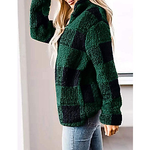 MEROKEETY Women's Plaid Sherpa Fleece Zip Sweatshirt Long Sleeve Pullover Jacket, Green, L