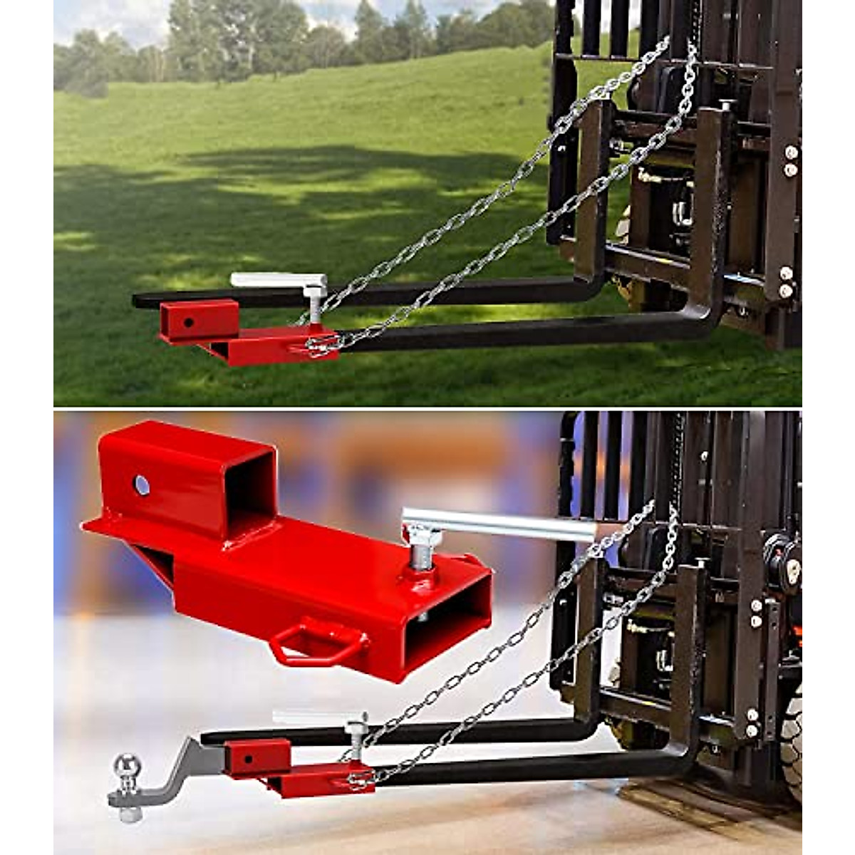 Forklift Hitch Receiver, Forklift Trailer Hitch Attachment 2" Receiver Trailer Towing Adapter with Chain, Red, 1 Pack